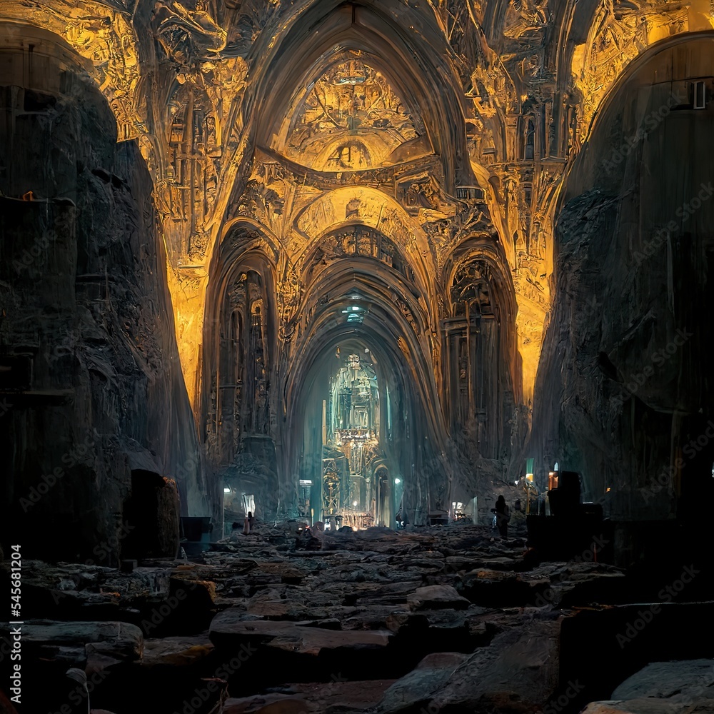 stunning city of stone inside a gray granite canyon, fusion of star ...