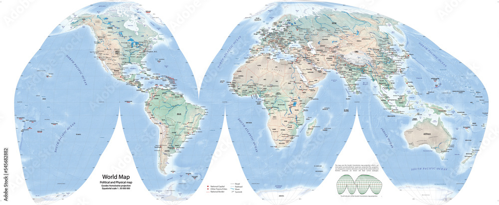 Large detailed WorldMap in Goodes Homolosine projection (equal area ...