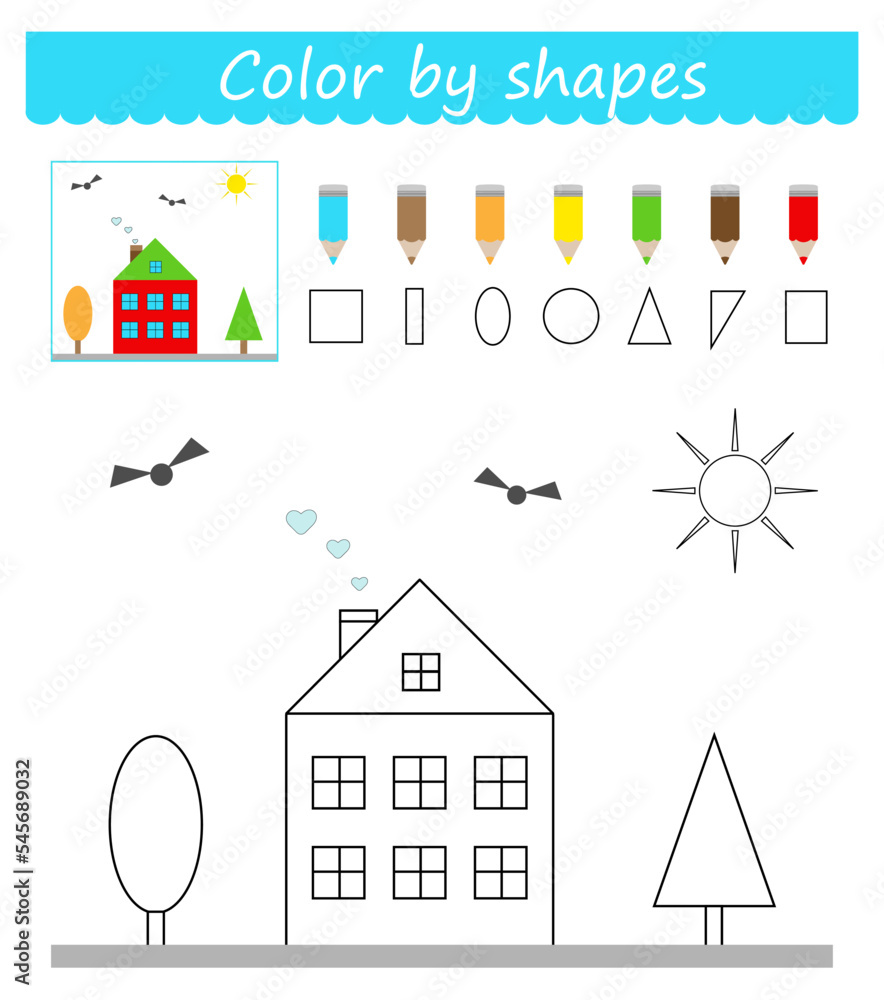 Coloring pages. Color by shapes. Cartoon house vector. Illustration for ...