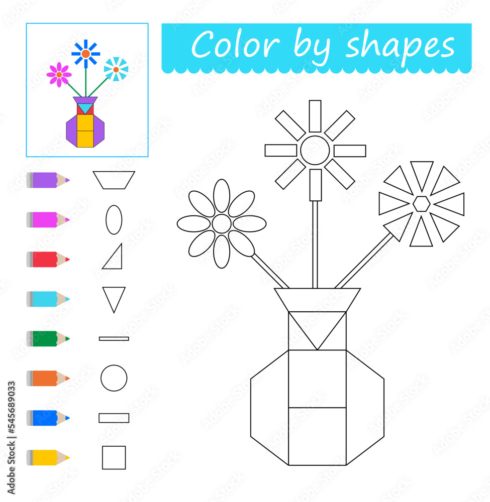 Coloring pages. Color by shapes. Cartoon flower vase vector ...