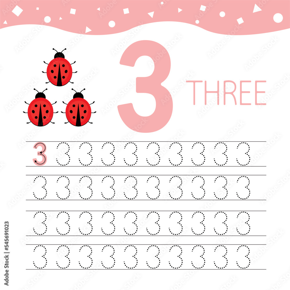 Kids learning material. Card for learning numbers. Number 3 and ladybug ...