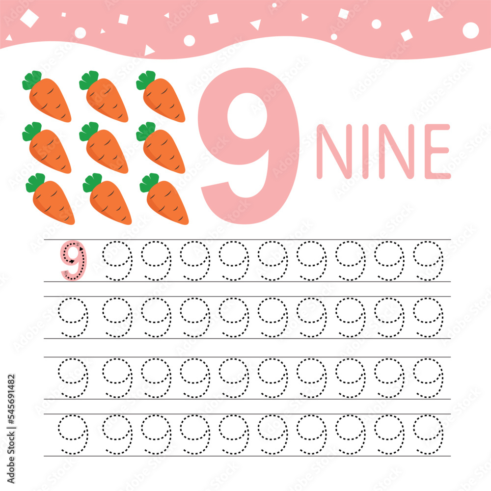 Kids learning material. Card for learning numbers. Number 9 and ...