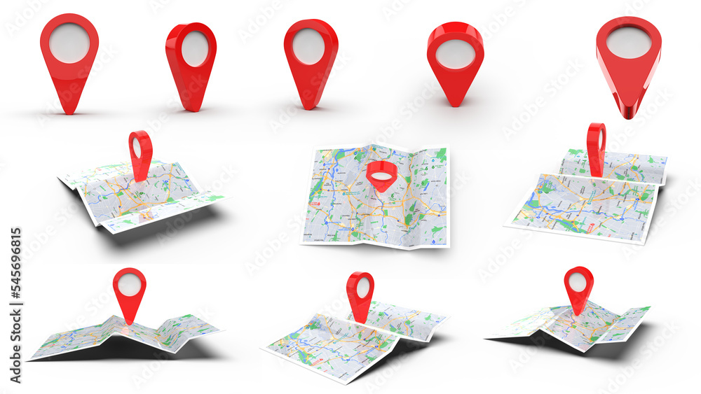 3D rendering of location icon, Locator mark on map and location pin or ...