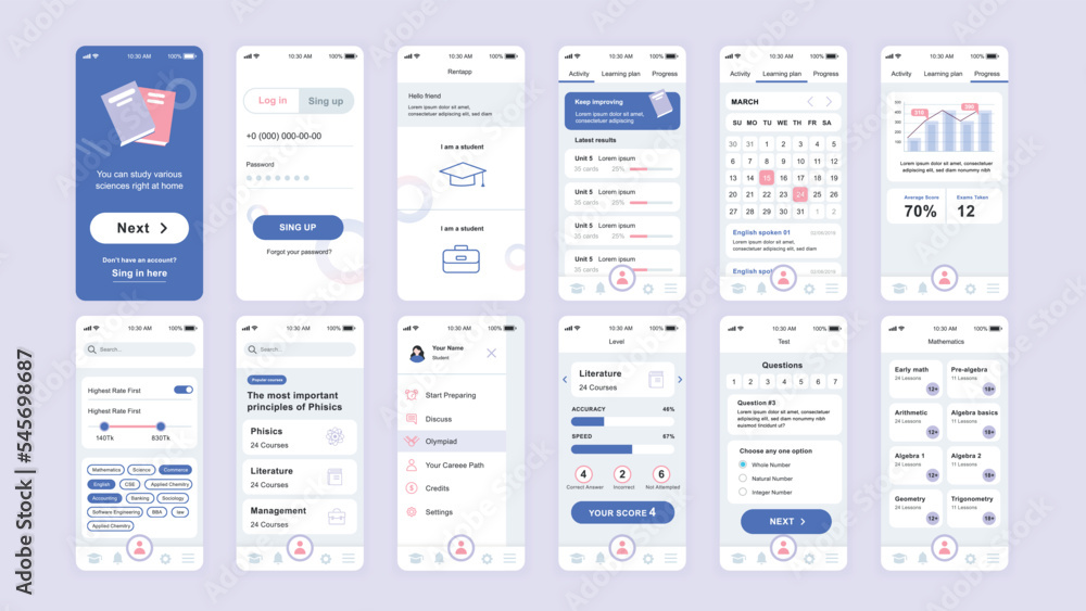 Set of UI, UX, GUI screens Education app flat design template for ...