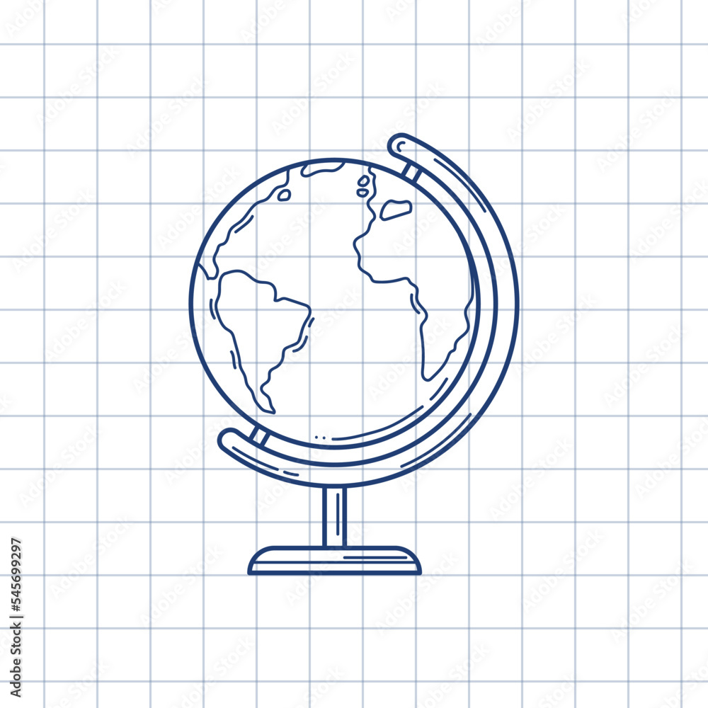 Vector line art globe for studying geography in sketch style isolated ...