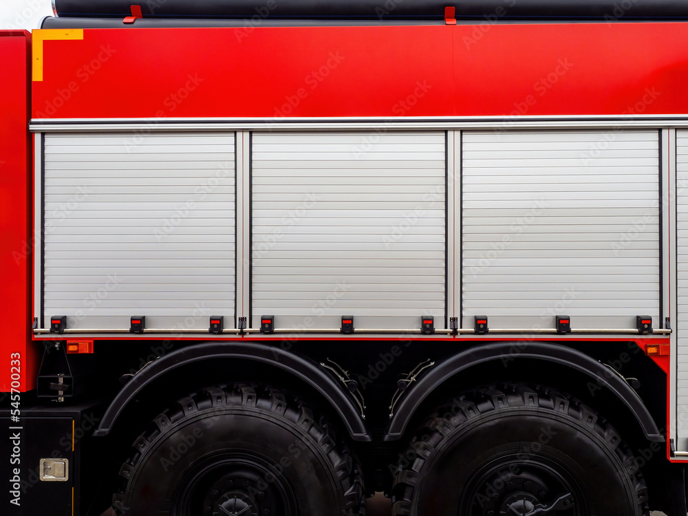 Foto de Modern fire engine. Rescue vehicle is equipped with compartment ...