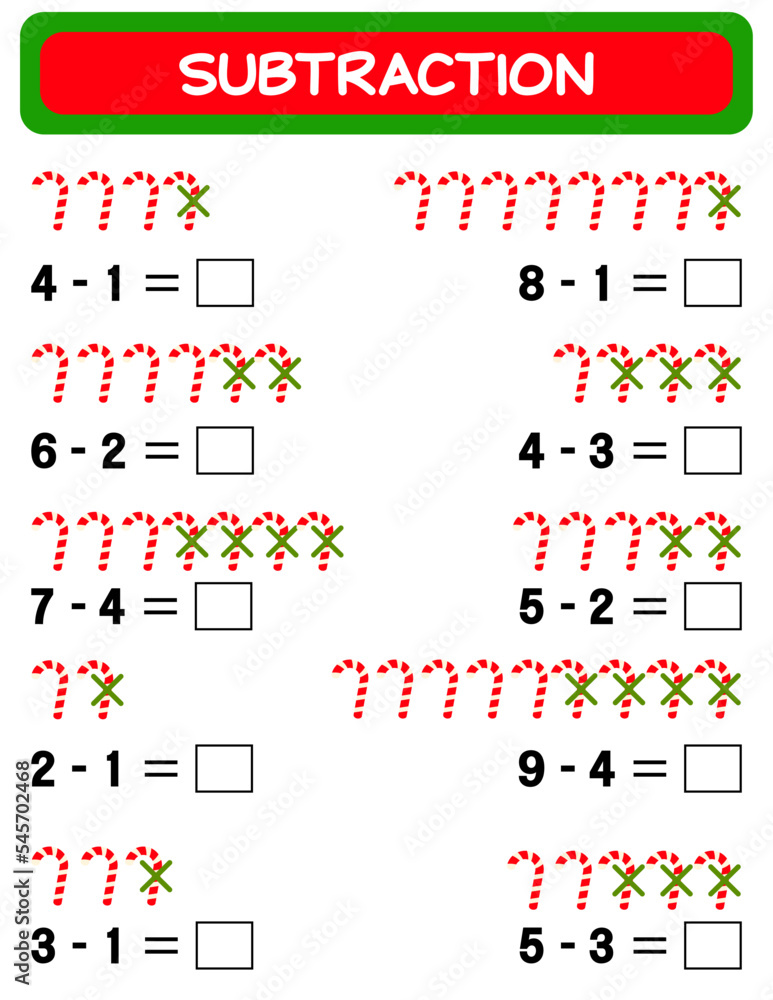 Vetor de Subtraction. Math worksheet for kids. Developing numeracy ...