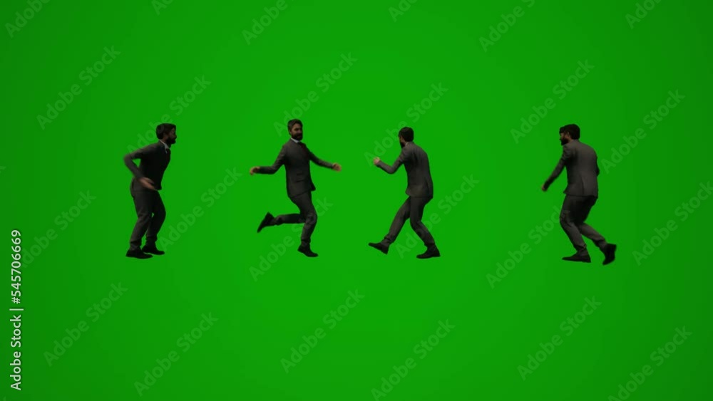 3D man in suit on green screen dancing and celebrating in several ...