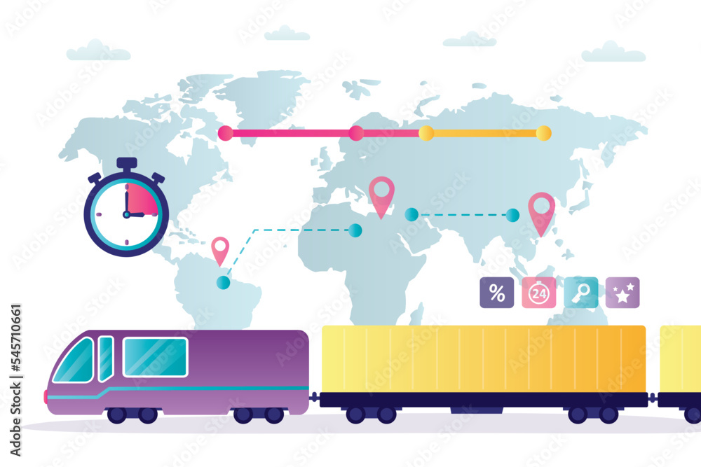 Railway cargo on world map, industrial train with containers freight ...