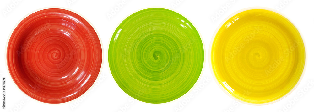 Three different colours plates isolated on a transparent background ...