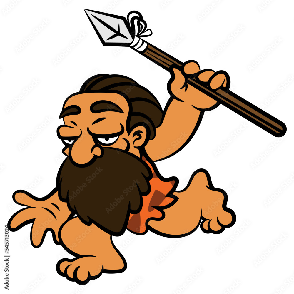 Cartoon illustration of dreadlock Caveman with bearded face, wearing ...