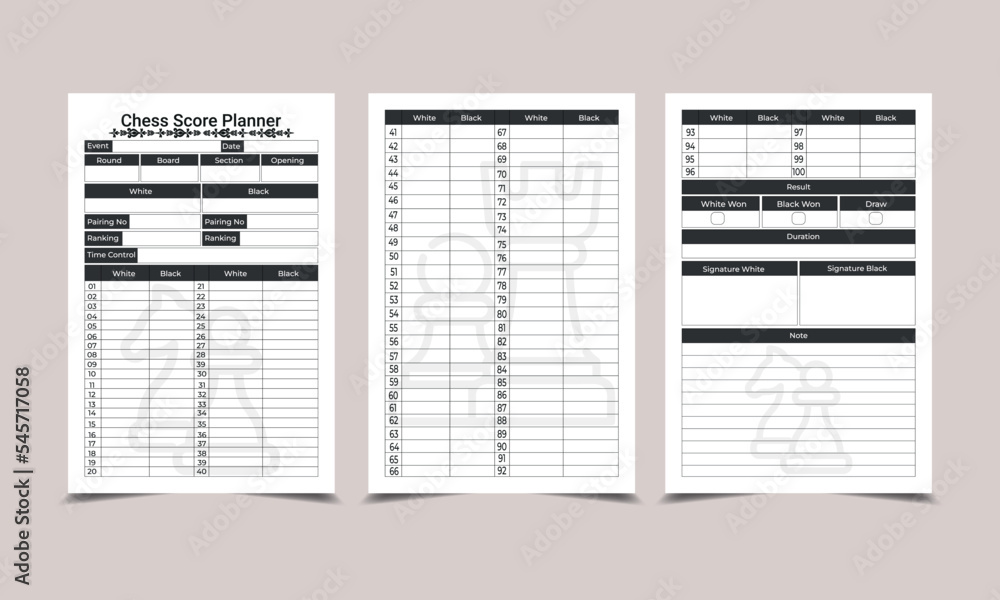 Chess Score Planner. Chess game tracker and score checker template ...
