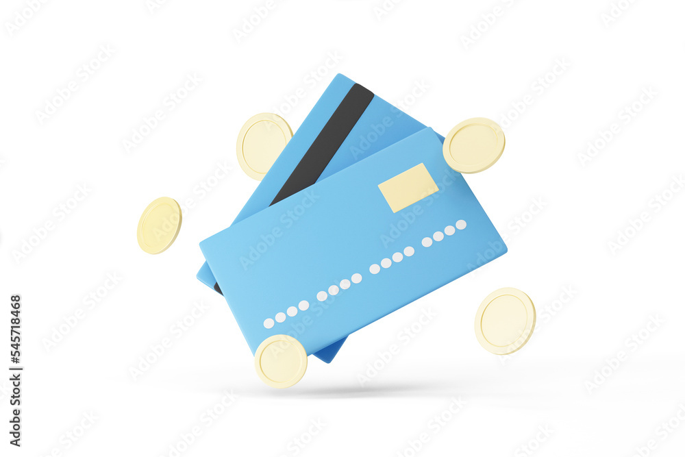 Cartoon Credit Cards with gold coins levitation on white background ...