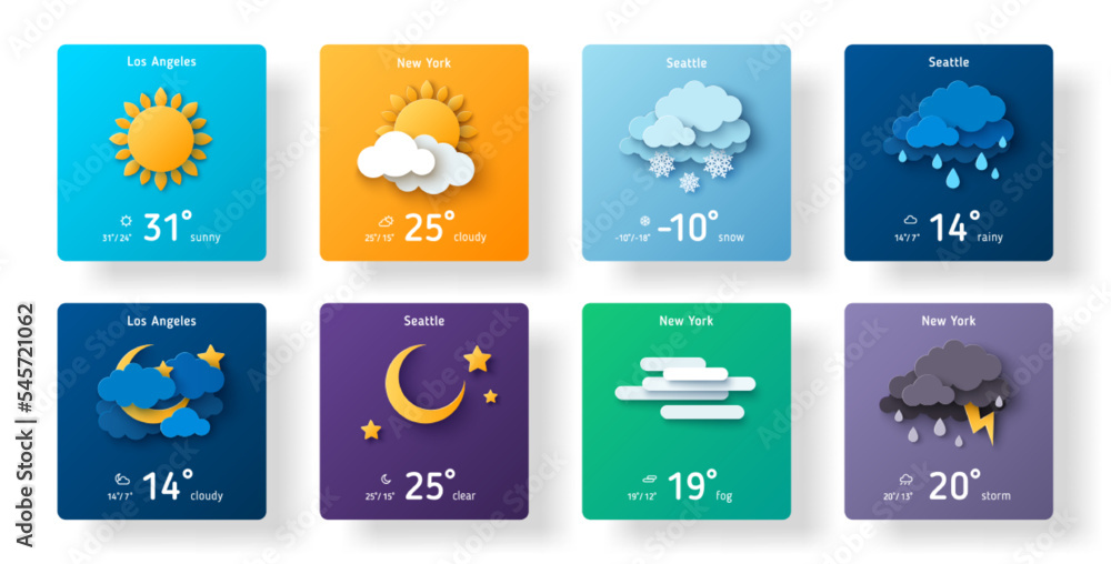 Weather forecast widget icon set paper cut style. Vector illustration ... Weather forecast widget icon set paper cut style. Vector illustration ...