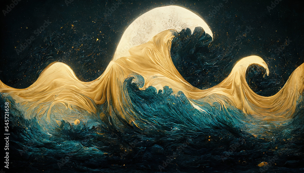Sea dark night landscape. Moonlight reflected in the waves of the ocean ...