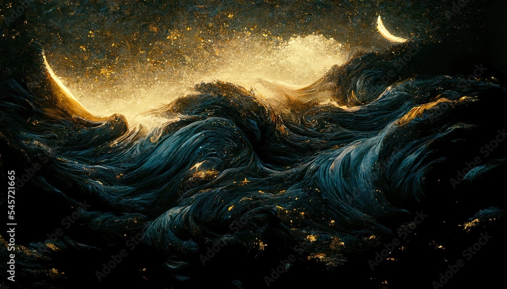 Sea dark night landscape. Moonlight reflected in the waves of the ocean ...