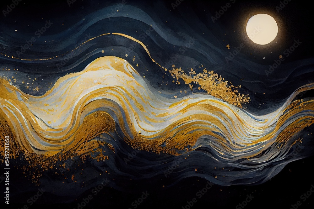 Sea dark night landscape. Moonlight reflected in the waves of the ocean ...