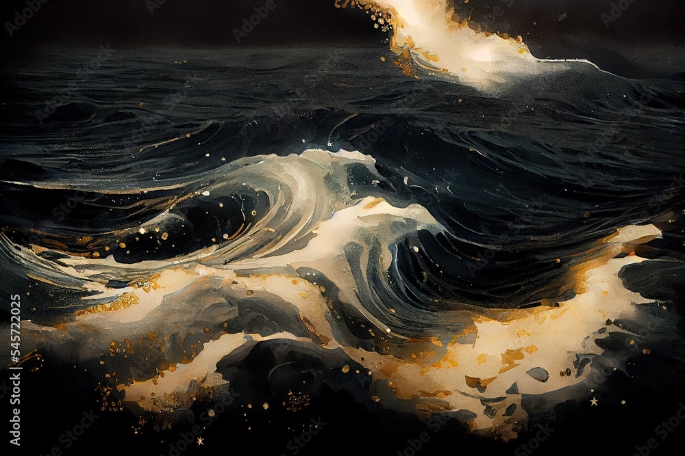 Sea dark night landscape. Moonlight reflected in the waves of the ocean ...