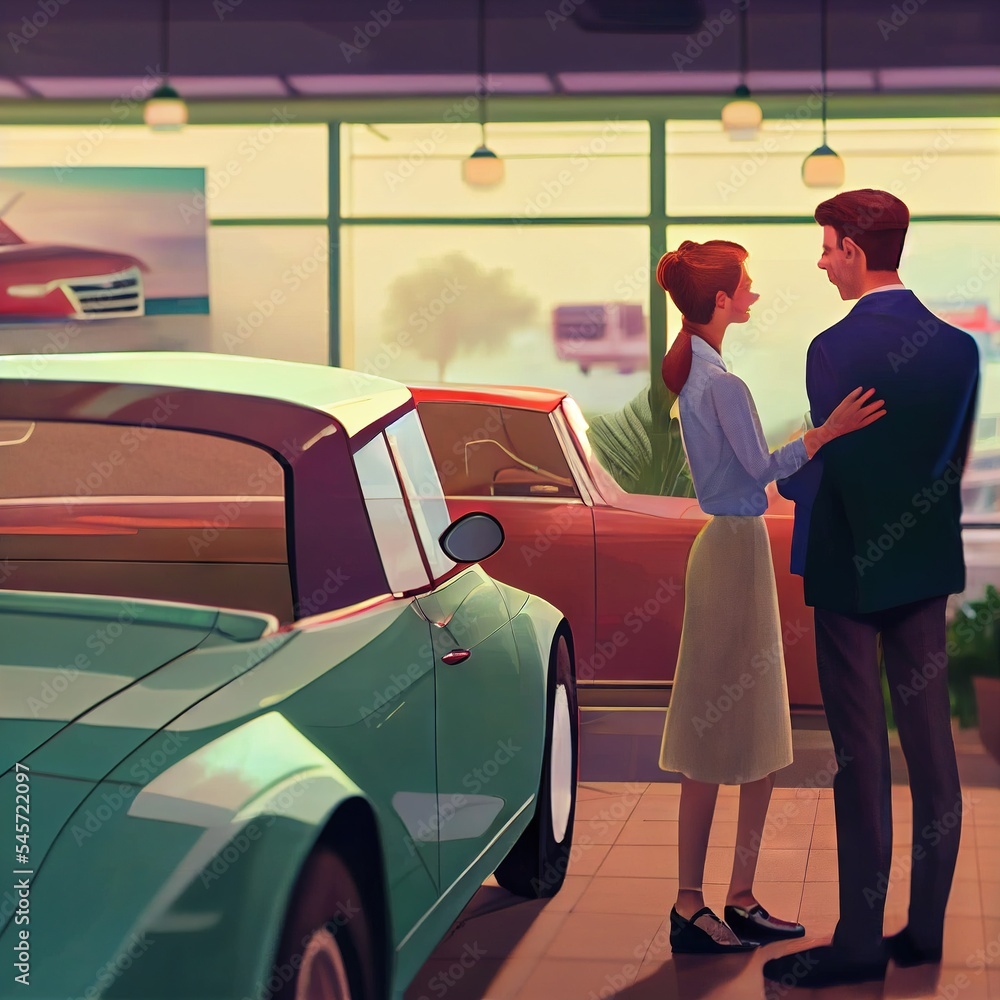 A young couple chooses a car at a car dealership, a rear Stock ...