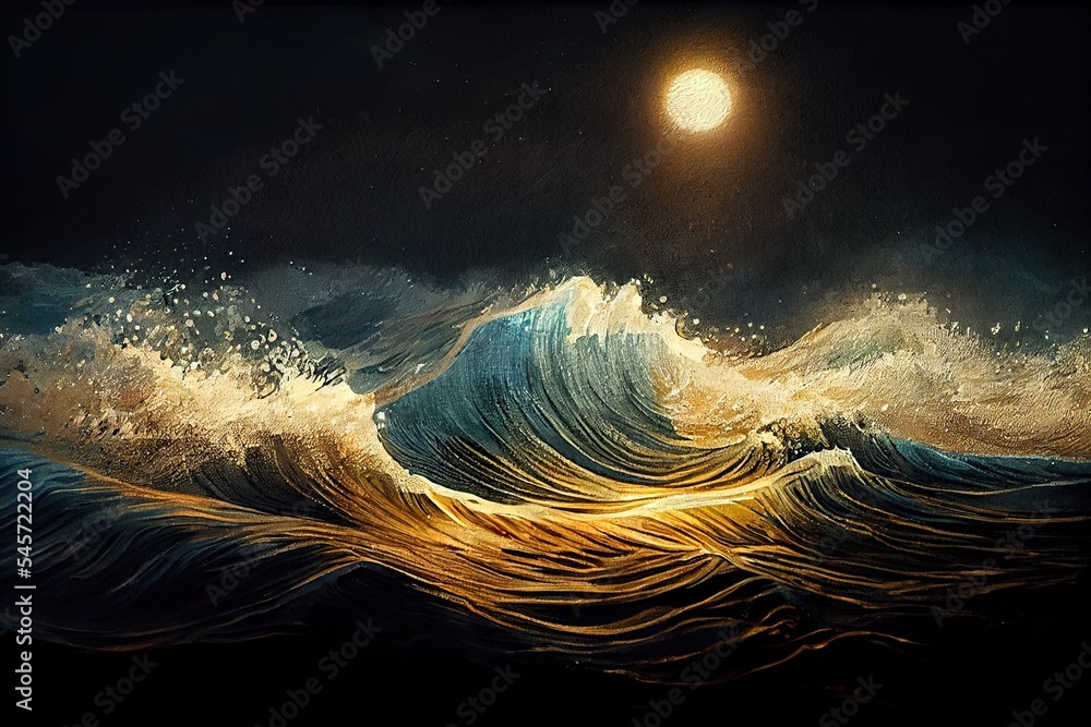 Sea dark night landscape. Moonlight reflected in the waves of the ocean ...