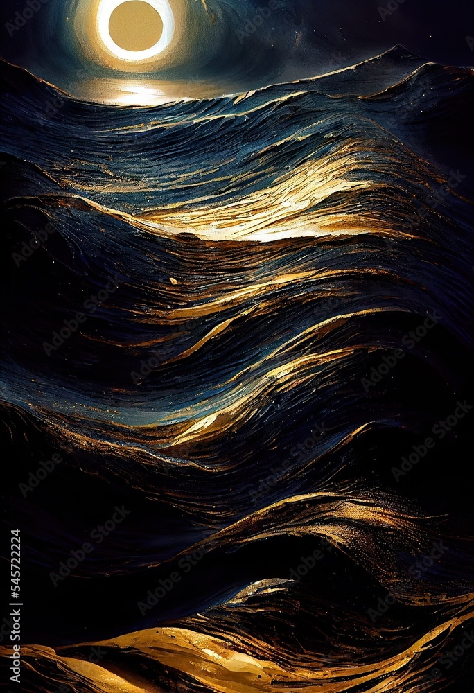Sea dark night landscape. Moonlight reflected in the waves of the ocean ...