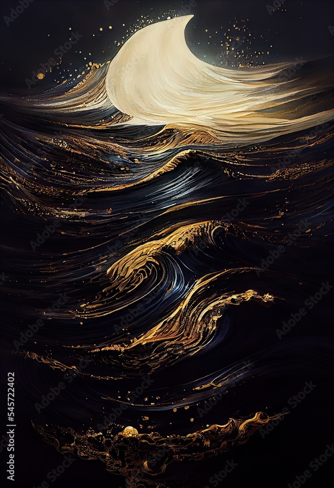 Sea dark night landscape. Moonlight reflected in the waves of the ocean ...