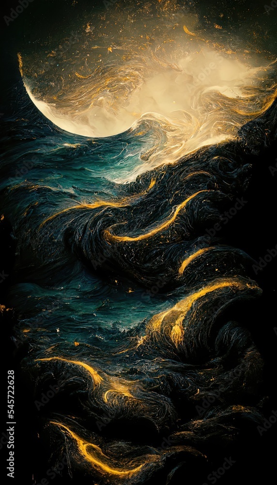 Sea dark night landscape. Moonlight reflected in the waves of the ocean ...