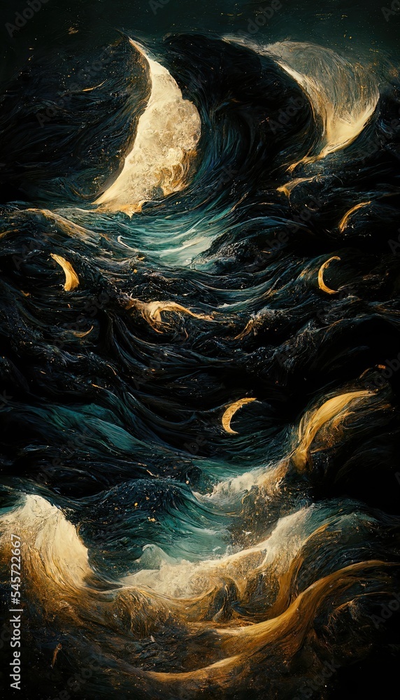 Sea dark night landscape. Moonlight reflected in the waves of the ocean ...