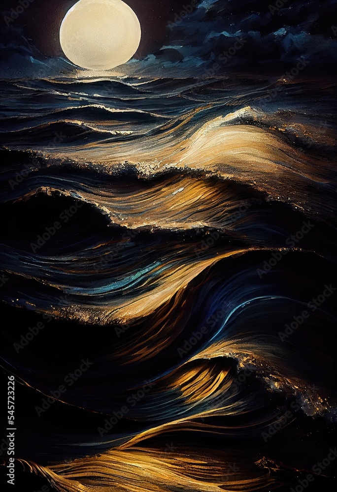 Sea dark night landscape. Moonlight reflected in the waves of the ocean ...