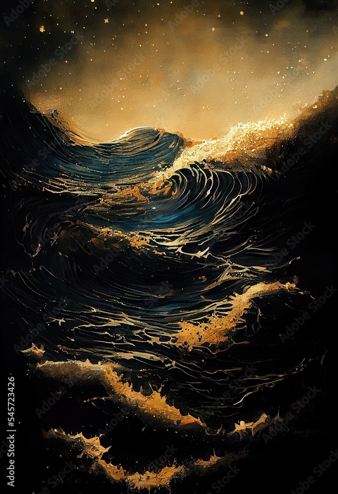 Sea dark night landscape. Moonlight reflected in the waves of the ocean ...