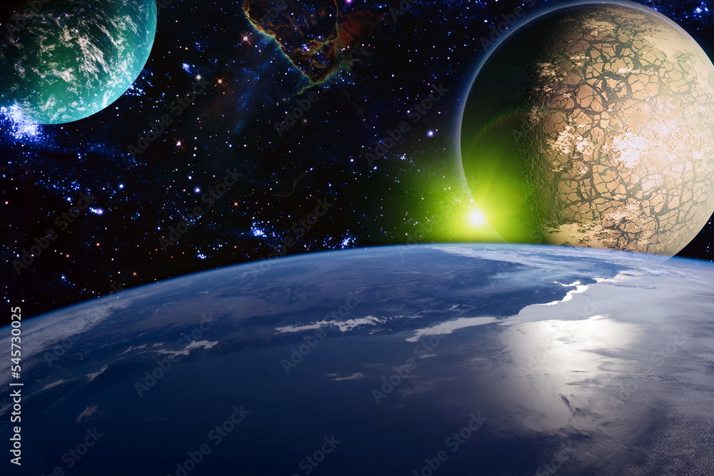 Chaotic space background. Planets, stars and galaxies in outer space ...