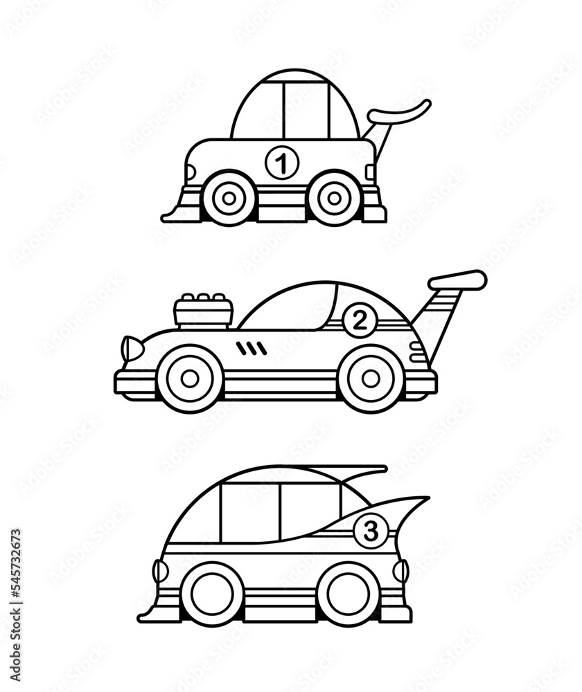 Race car - kids coloring page vector line art set Stock Vector | Adobe ...