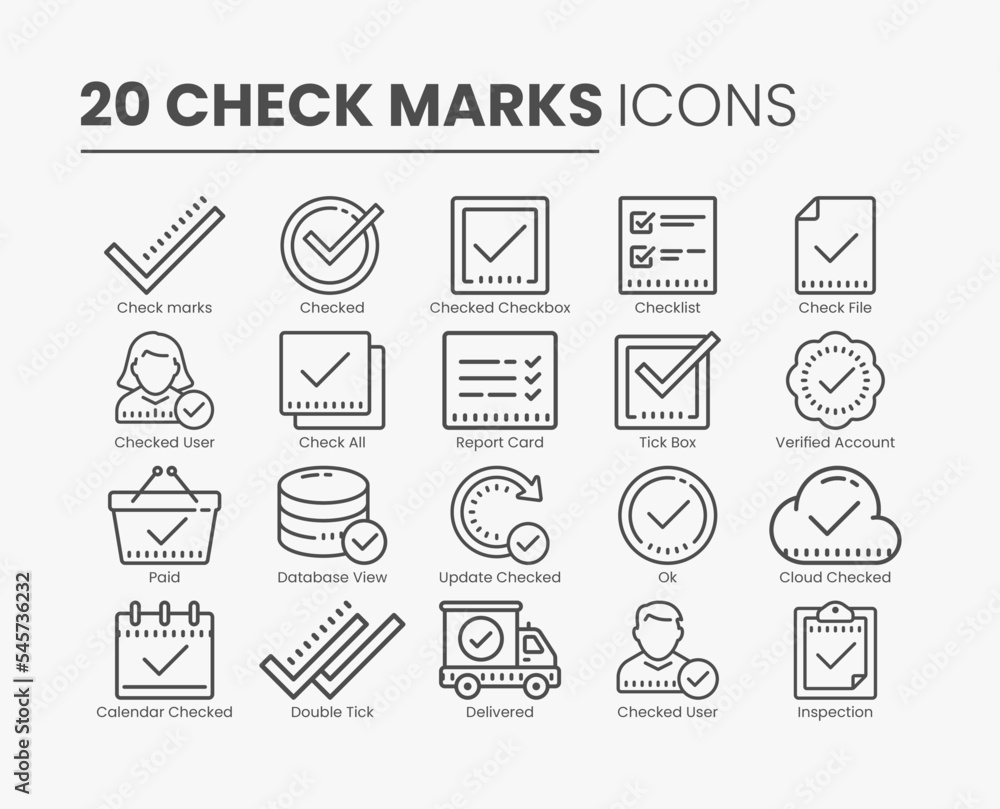 Simple outline icon set of checkmarks. Contains icons such as ...