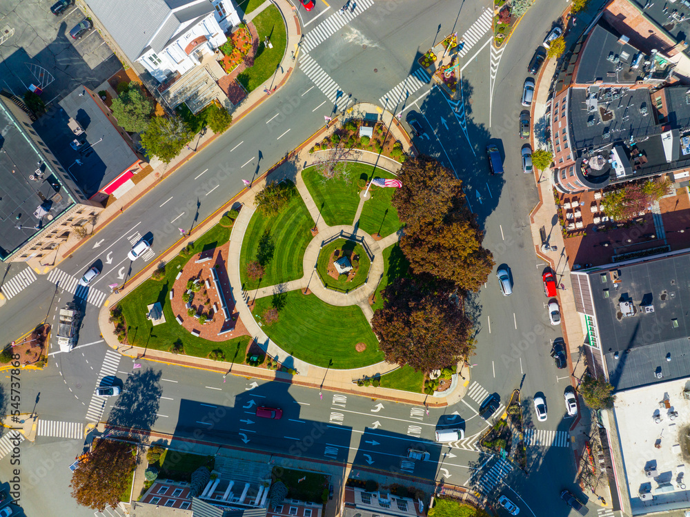 Woburn Common and City Hall aerial view in downtown Woburn ...