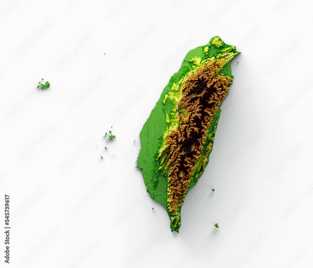 3D render of a topographic Taiwan map with hypsometric elevation on a ...