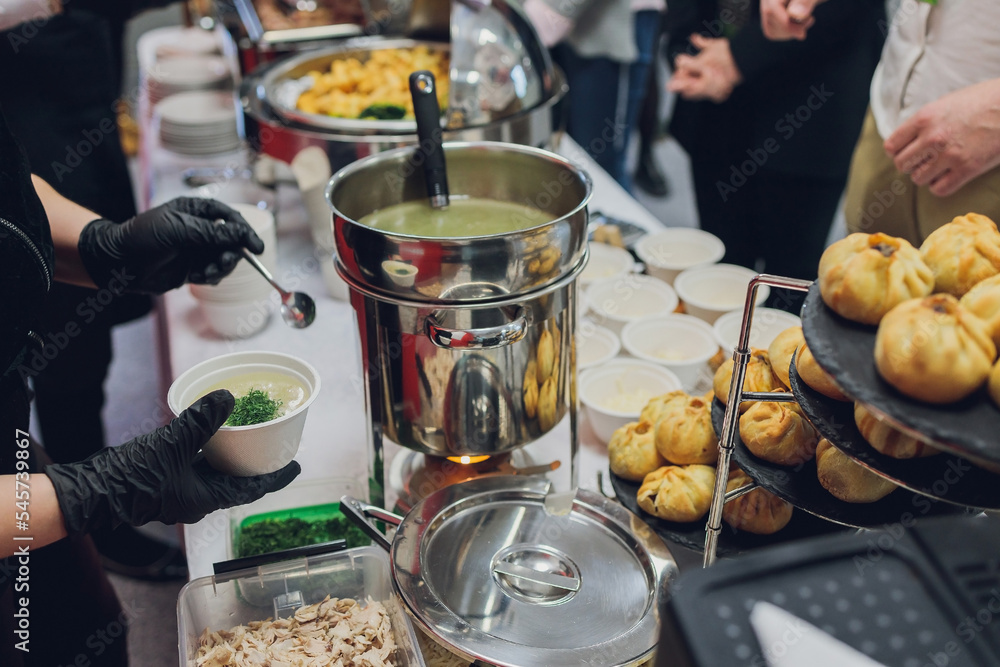 Catering service. Restaurant table with food at event. Shallow depth of ...