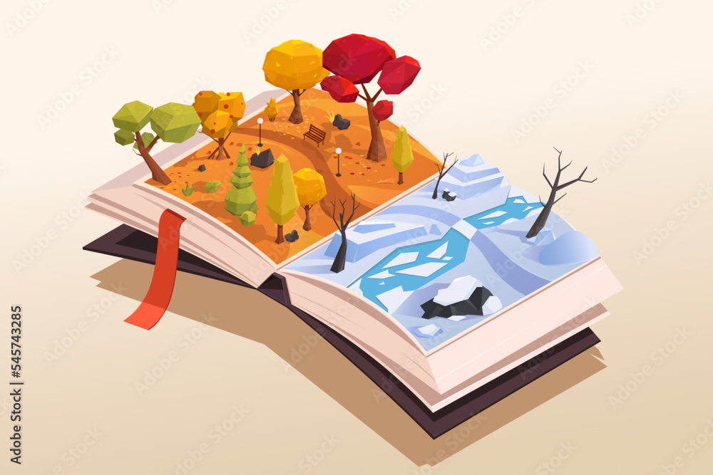 Isometric illustration with open book. Off season winter with frozen ...