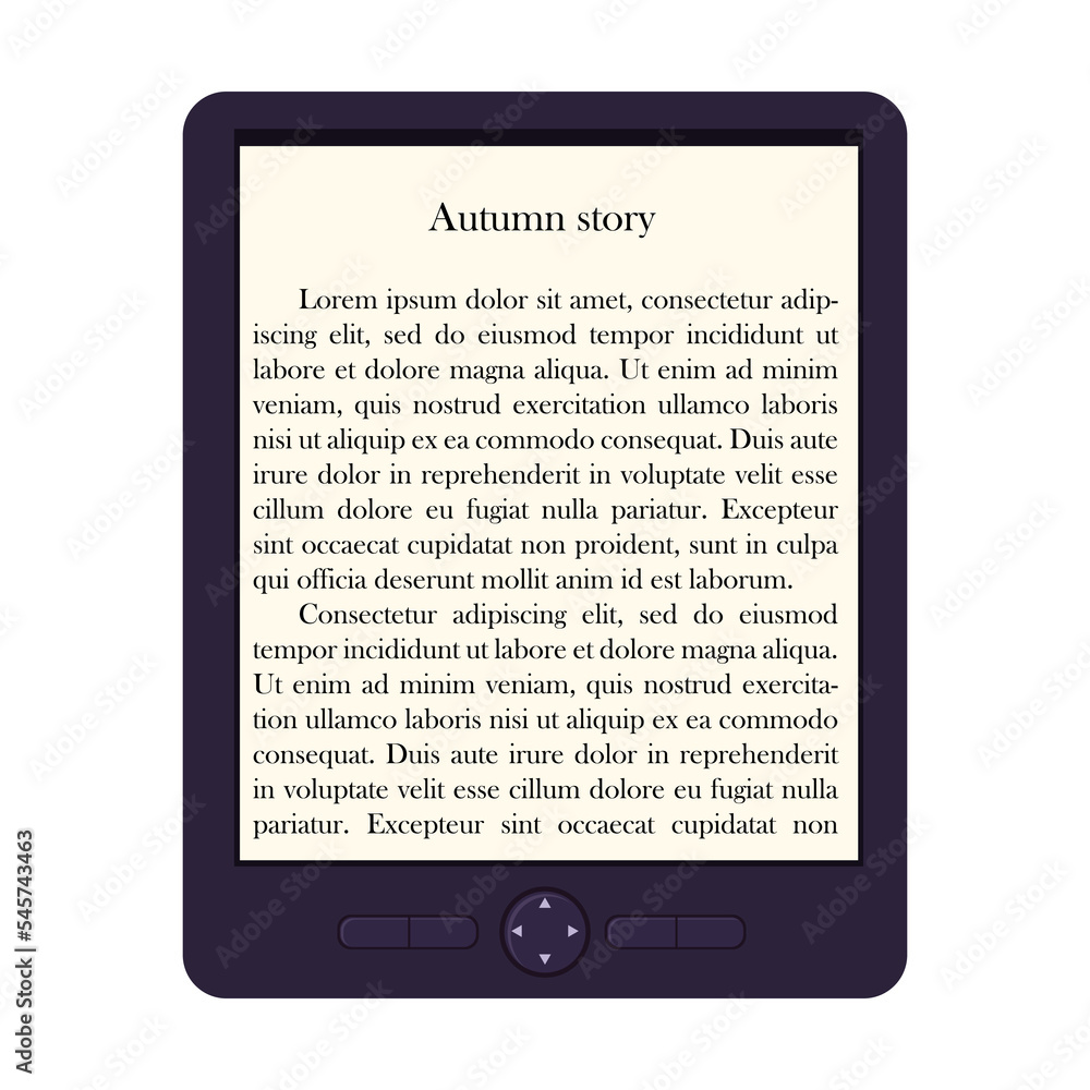 Tablet eBook reader isolated white background with story text. Template ...