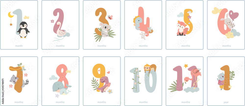 Baby monthly numbers cards. Newborn months postcards, babies milestone ...