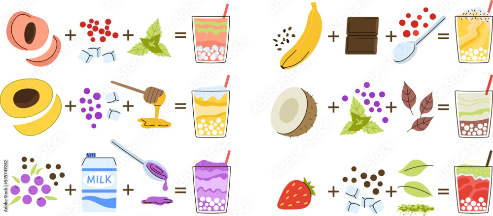 Bubble tea recipes with fruits, ice and mint leaves. Sweet asian taiwan ...