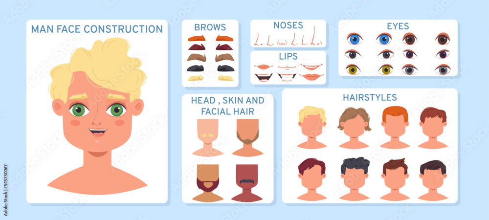 Cartoon man face constructor. Noses and hairstyles elements, various ...