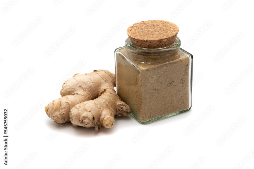 Ginger and a glass bowl with powdered ginger, isolated on white ...