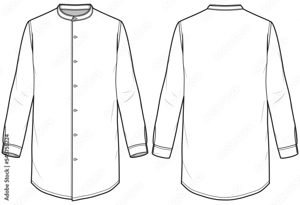 Mens long sleeve tunic shirt flat sketch illustration drawing, Band ...