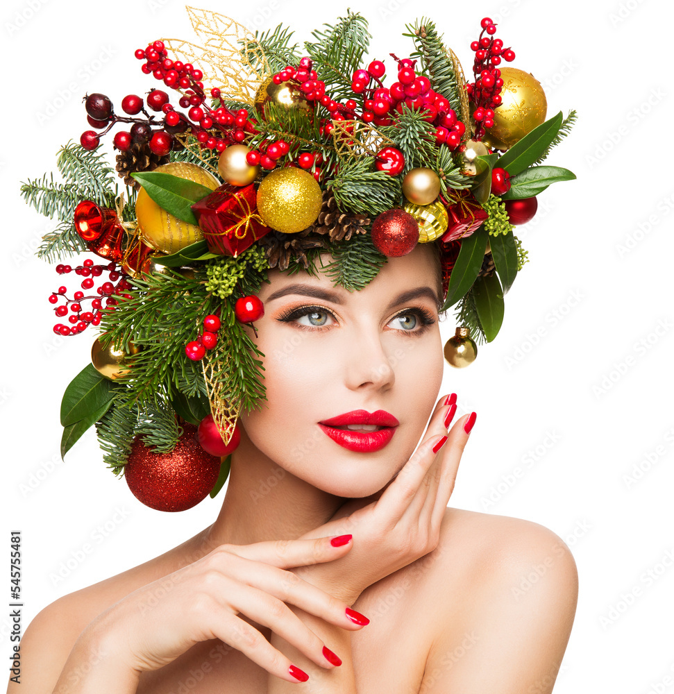 Foto de Christmas Woman Beauty. Beautiful Girl in Fir Tree Wreath Xmas ...