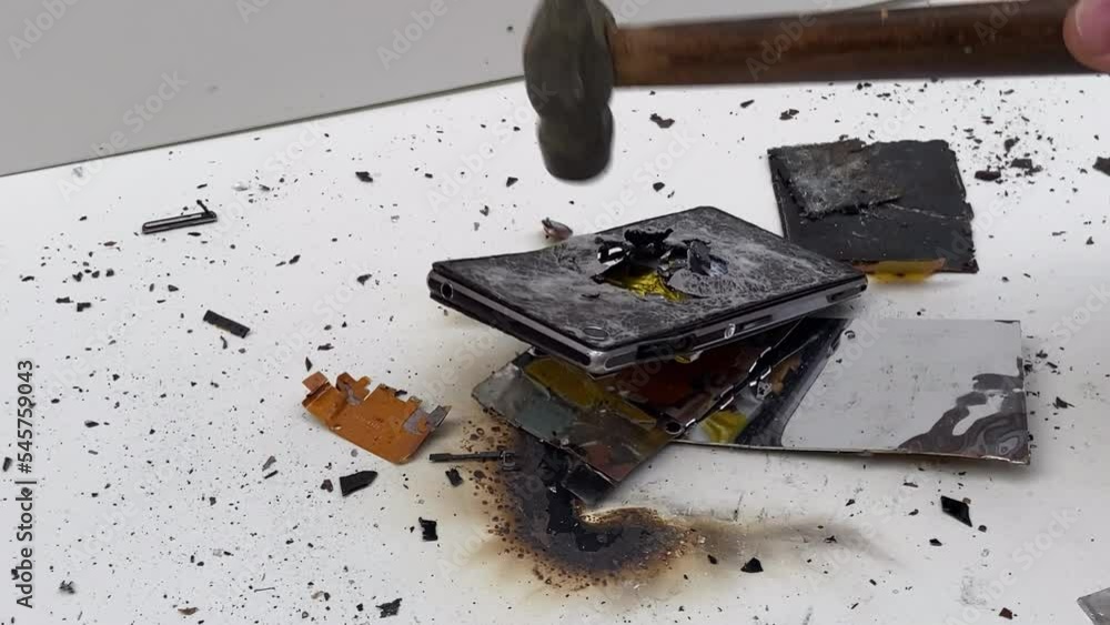 Broken phone. Hammer hitting the display breaks the mobile phone ...
