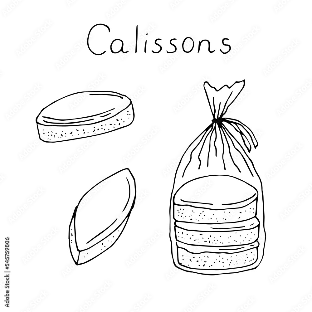 Calissons set French cakes vector illustration, hand drawing sketch ...