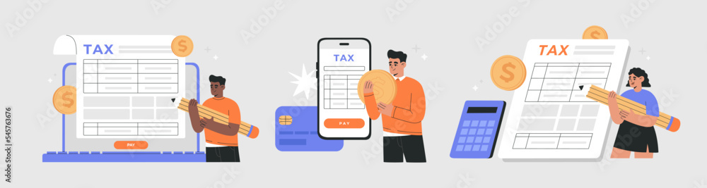 Tax payment concept, vector illustration set. Filling tax form online ...