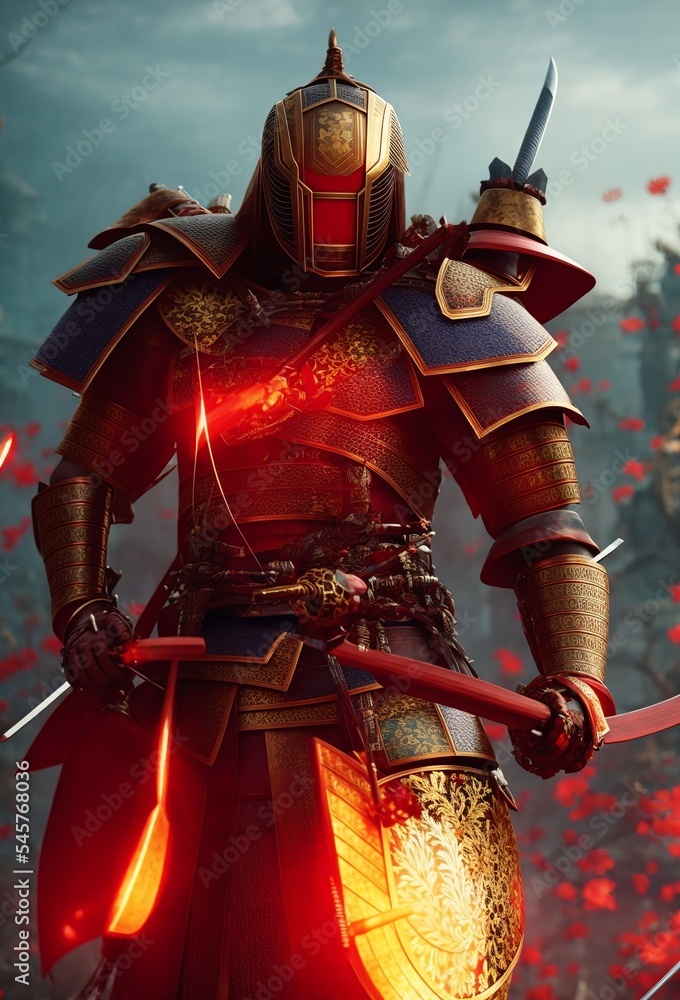 japanese fantasy samurai in black golden armor with covered face and ...