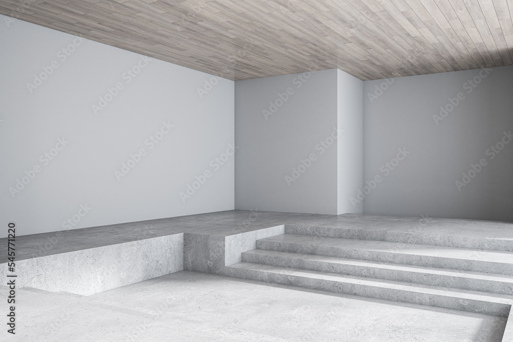 Contemporary free form concrete geometric interior with stairs, wooden ...