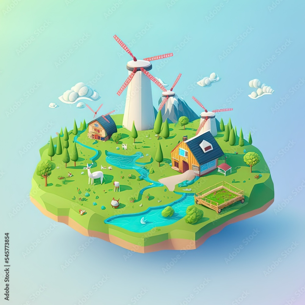 3D Farm with houses and green energy windmills. Low Poly world for ...